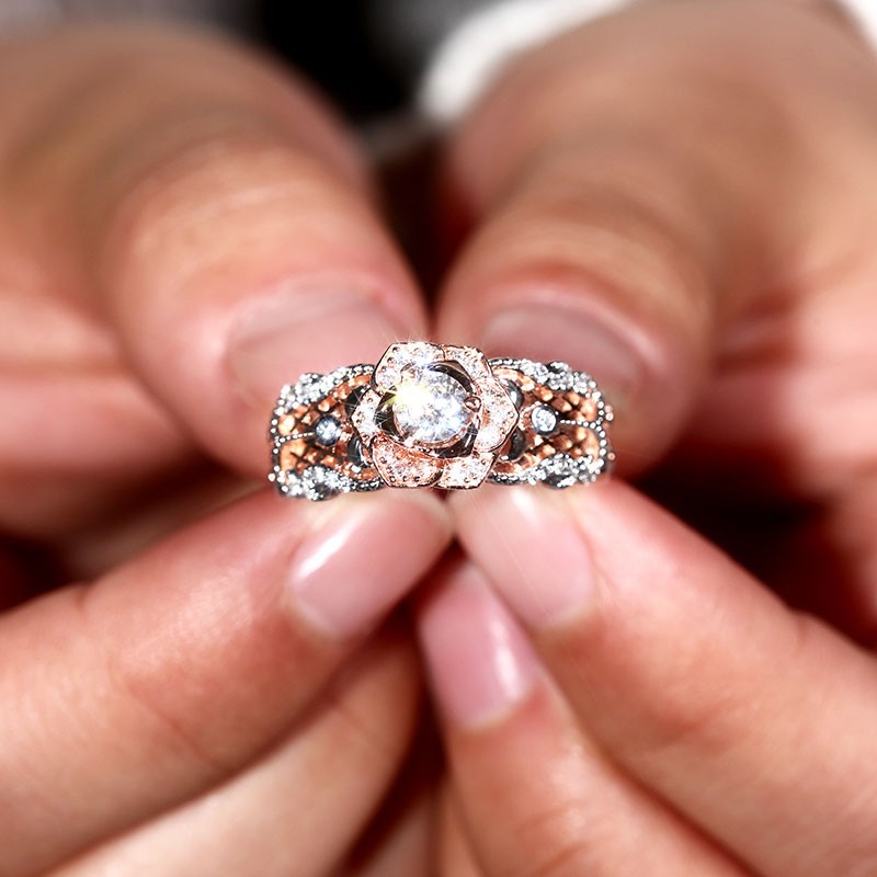 Rose Ring In Rose Gold Two Tone Antique Flower Round Cut Diamond-VANCARO