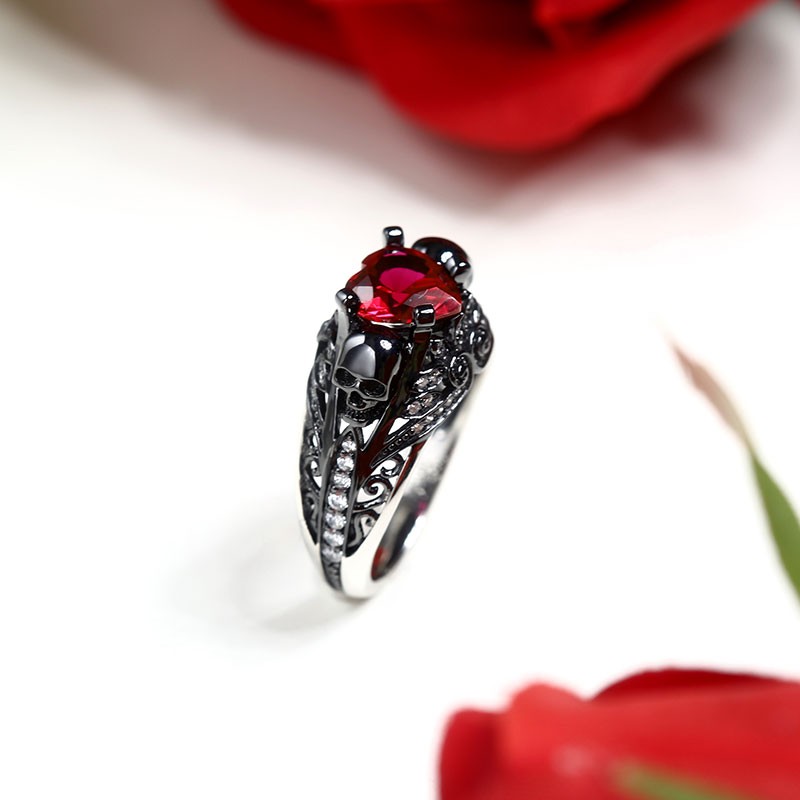 Black Skull Engagement Ring For Women Heart Ruby Stone and Lotus-VANCARO