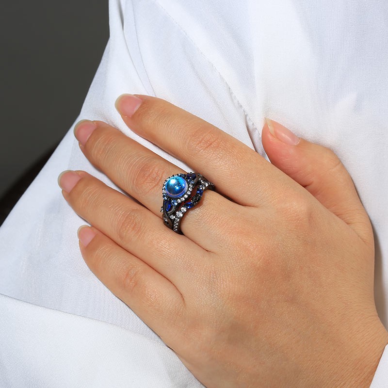 Moonstone Ring Set in Black Gothic With Rose Ring Band For Women-VANCARO