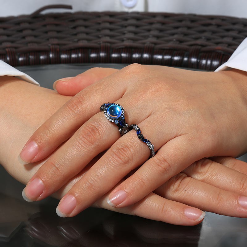 Moonstone Ring Set in Black Gothic With Rose Ring Band For Women-VANCARO