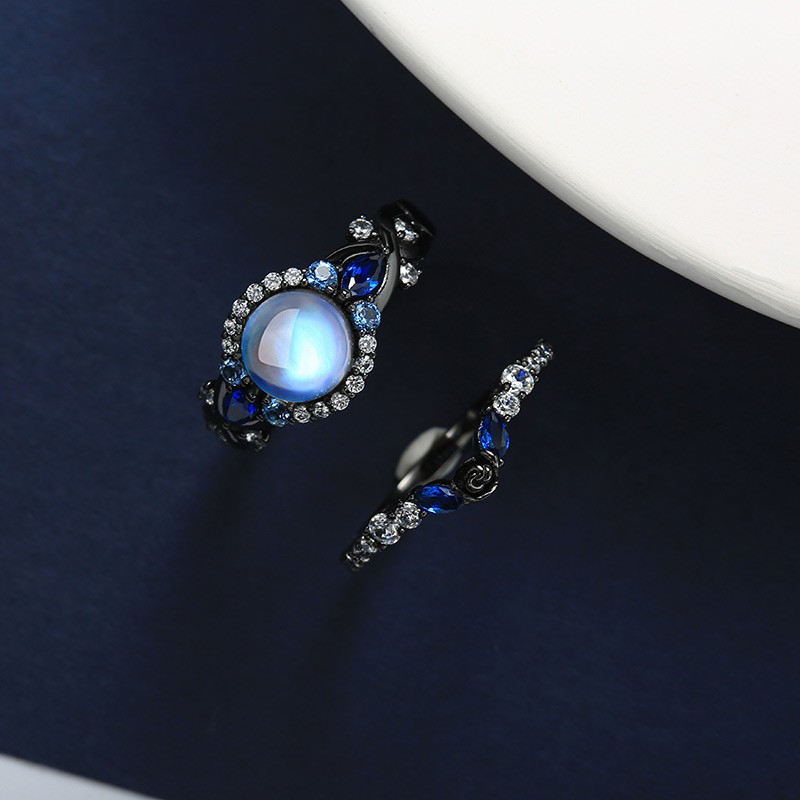 Moonstone Ring Set in Black Gothic With Rose Ring Band For Women-VANCARO