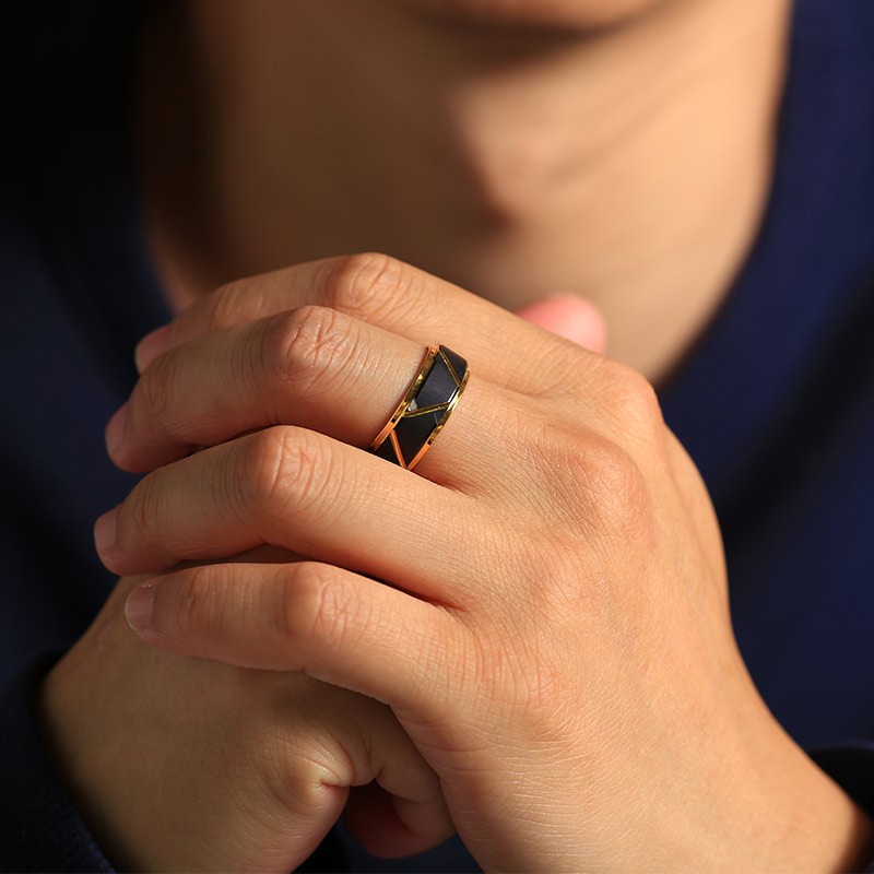 Mens Gold Wedding Bands In Tungsten Triangle Groove Pattern Engraved Ring